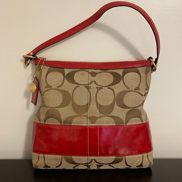 Coach | Bags | Coach Brown Jacquard Signature Red Leather Stripe ...